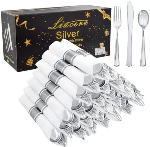 100 Pack Silver Plastic Silverware-Pre Wrapped cutlery and Napkin-Pre ...