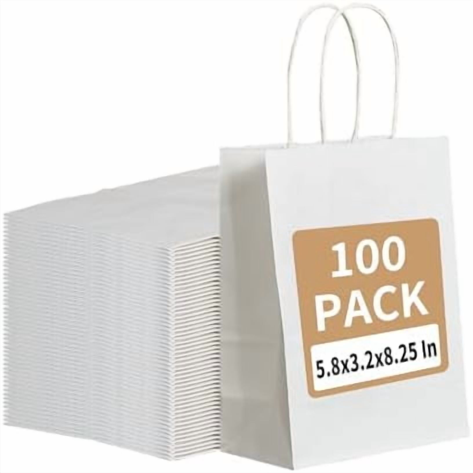 100 Pack Small Gift Bags 5.8x3.2x8.25 Inch White Kraft Paper Bags with ...