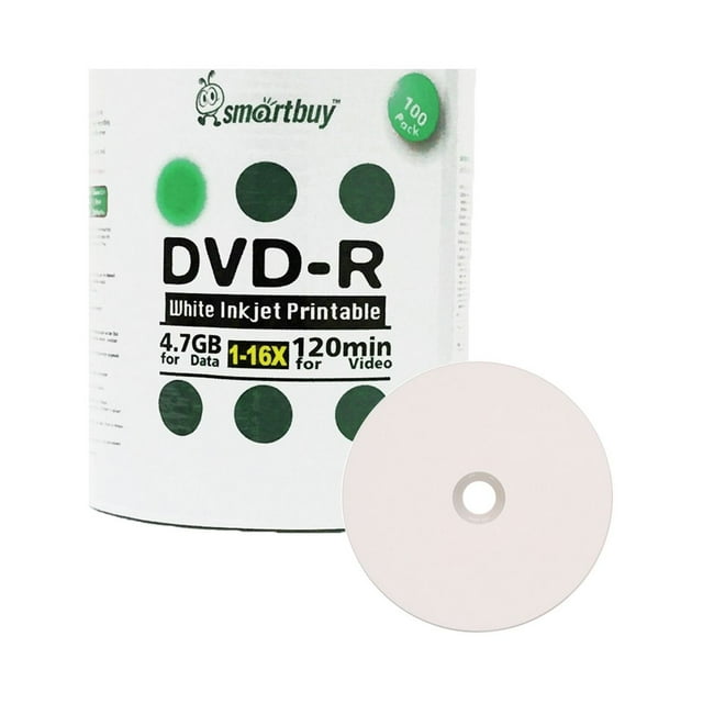 100 Pack Smartbuy 16X DVD-R 4.7GB 120Min White Inkjet Hub Printable Data Blank Media Recordable ...