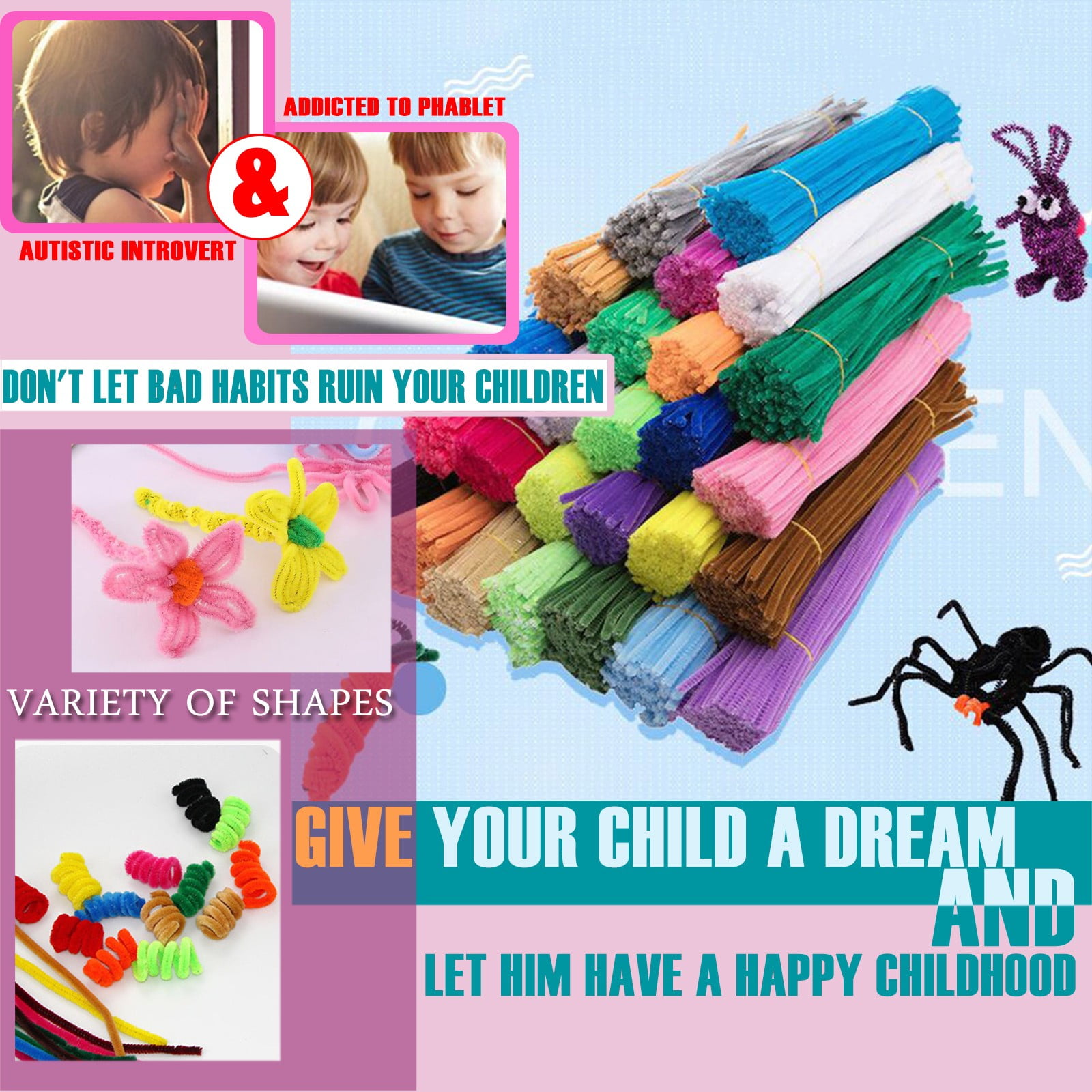 100 Pack Solid Color Chenille Stem Pipe Cleaners DIY Craft Decoration ...