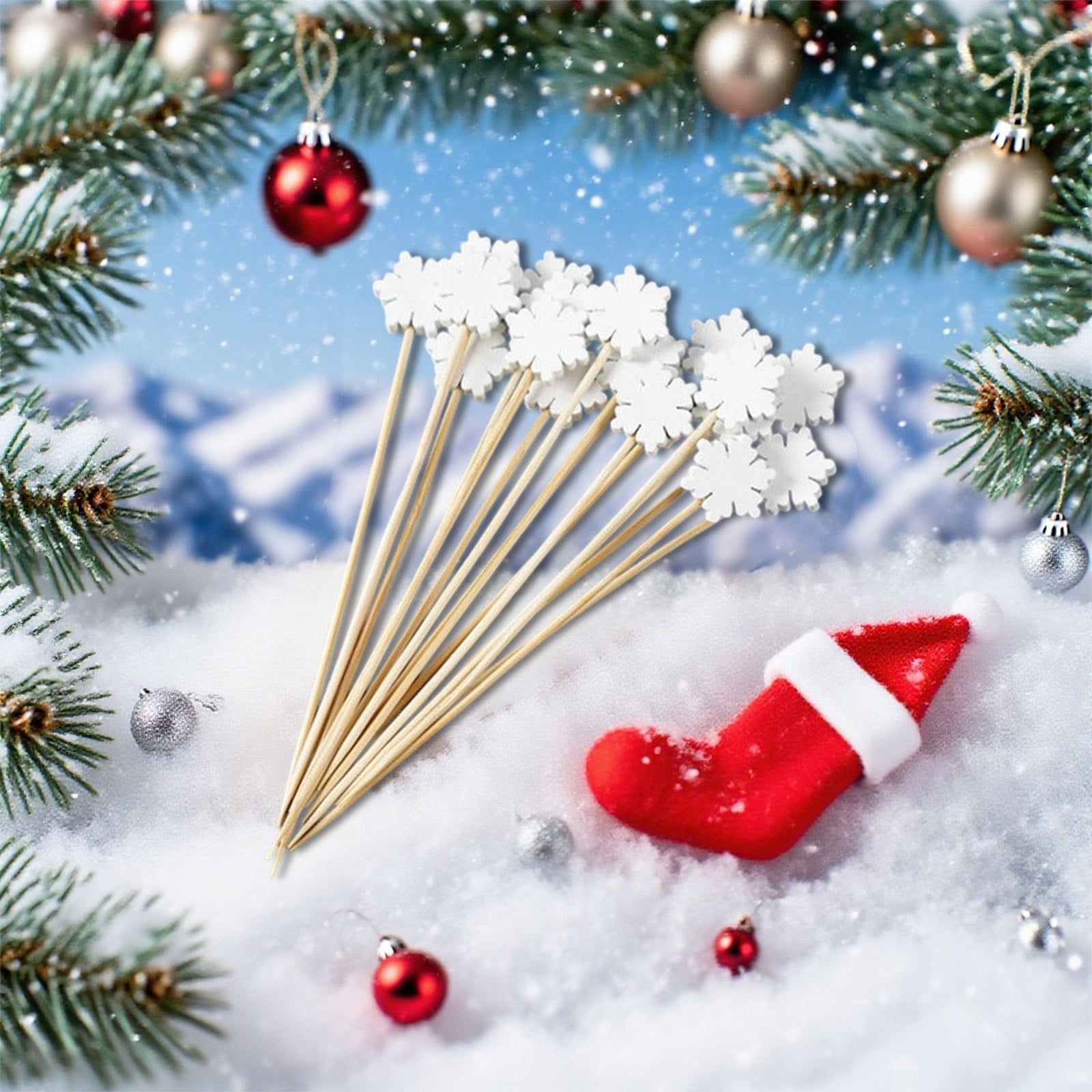 100-Pack White Christmas Tree Bamboo Fruit Picks - Festive Snowflake ...
