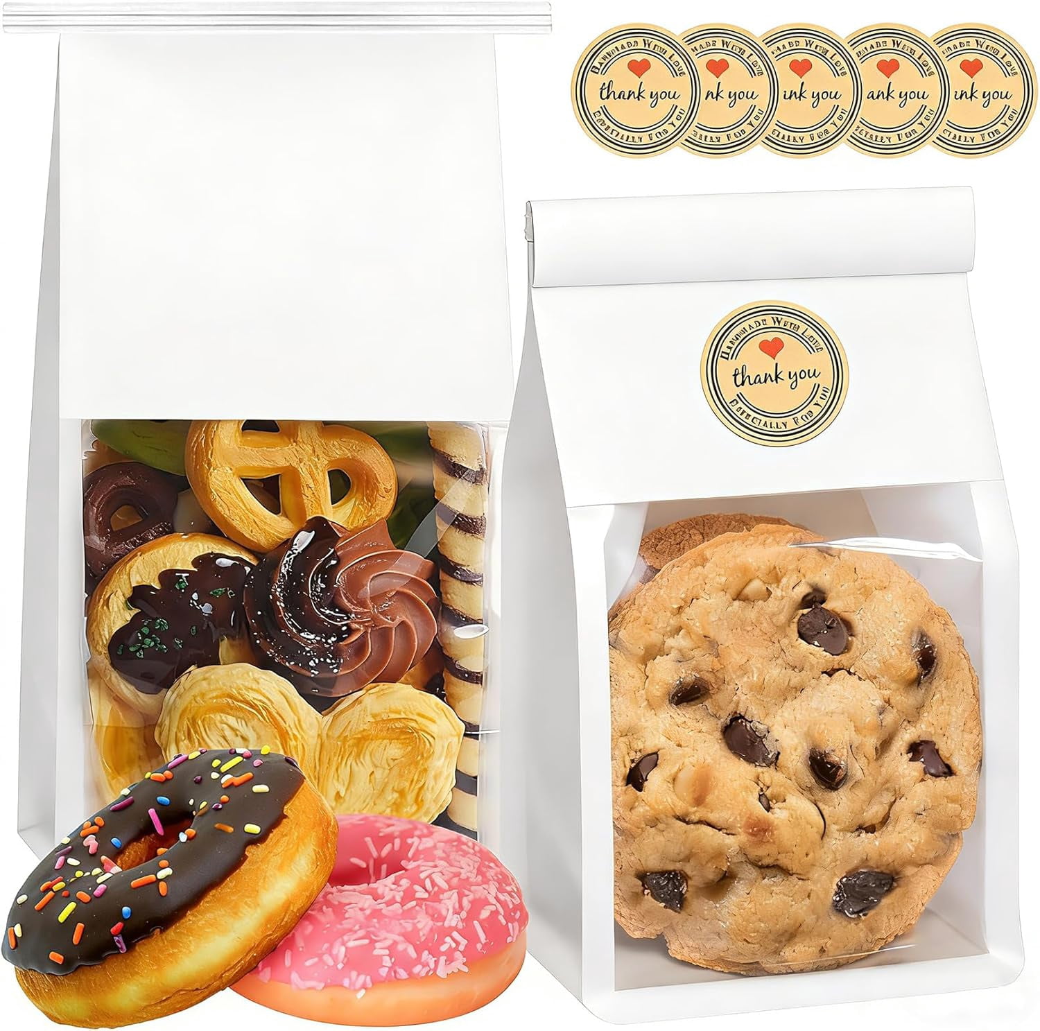 100 Pack White Cookie Bags with Seal, 8.2x3.9x3.1 Inch Tin Tie Tab Lock ...