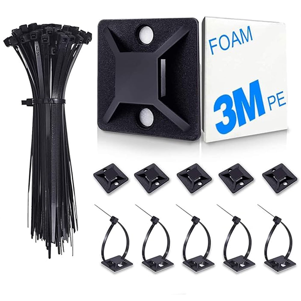 100 Pack Zip Tie Mount with Cable Ties,Self-Locking UV Resistant Black ...