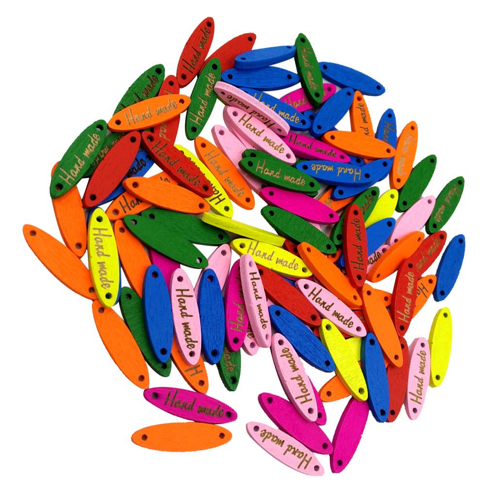 100 Package 2 Holes Tag "Hand Made" Decorative Wood Buttons Sewing ...