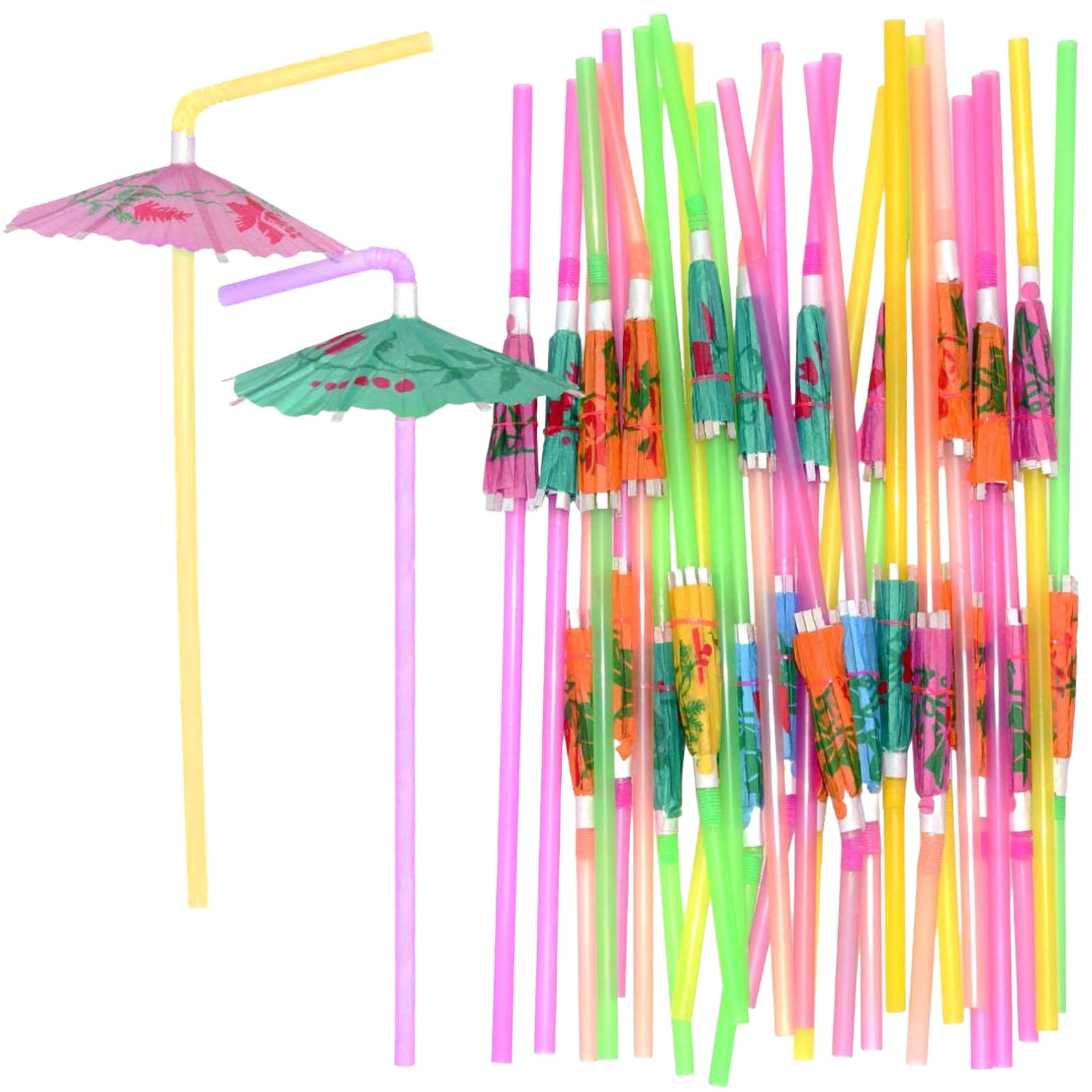 100 Packs Flexible Drinking Suction Tubes with Umbrella Disposable Luau ...