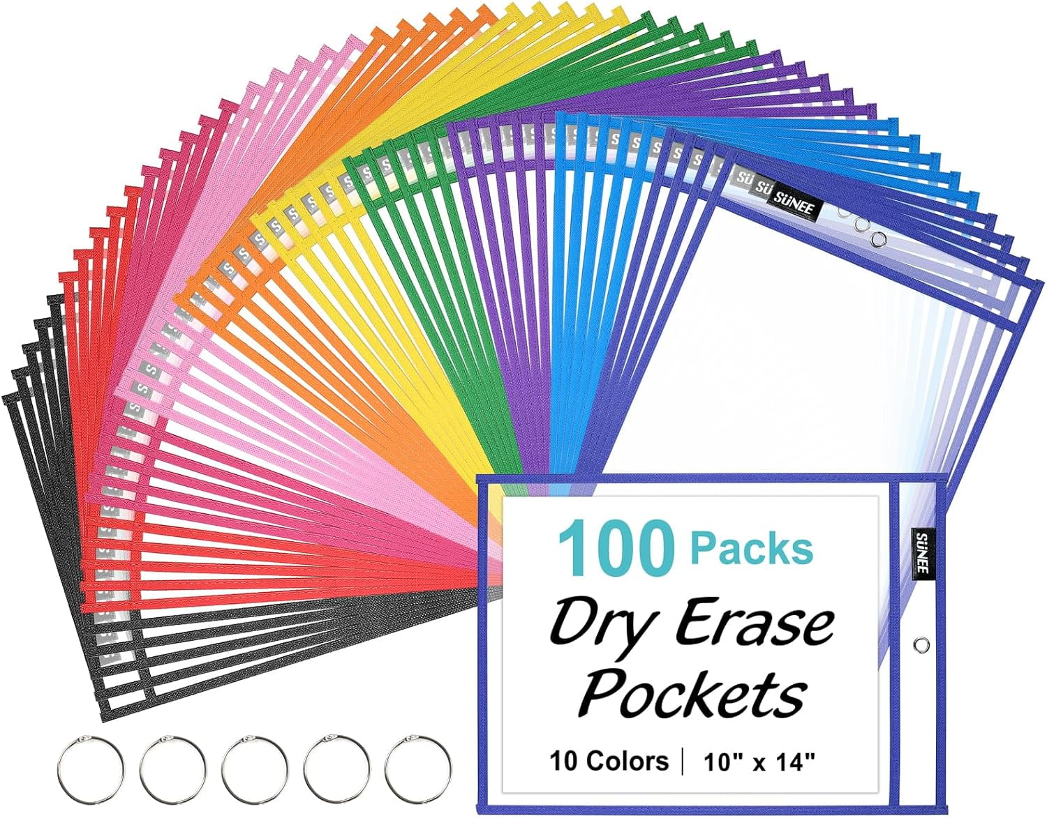 100 Packs Oversized Reusable Dry Erase Pocket Sleeves with 5 Rings, 10 ...