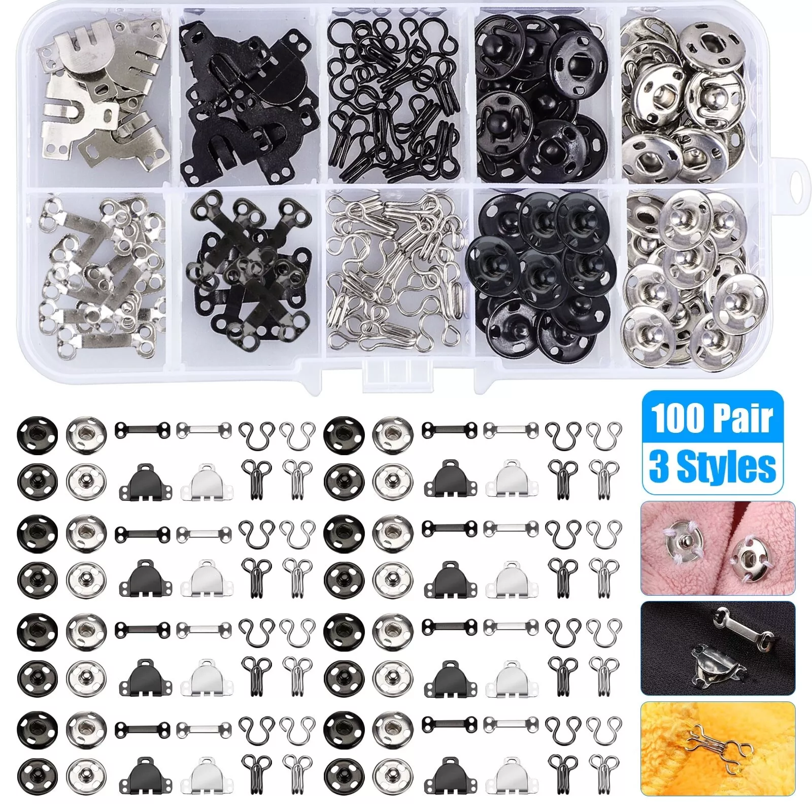 100 Pair Sewing Hook and Eye Closure 3 Styles Fasteners for Trousers ...