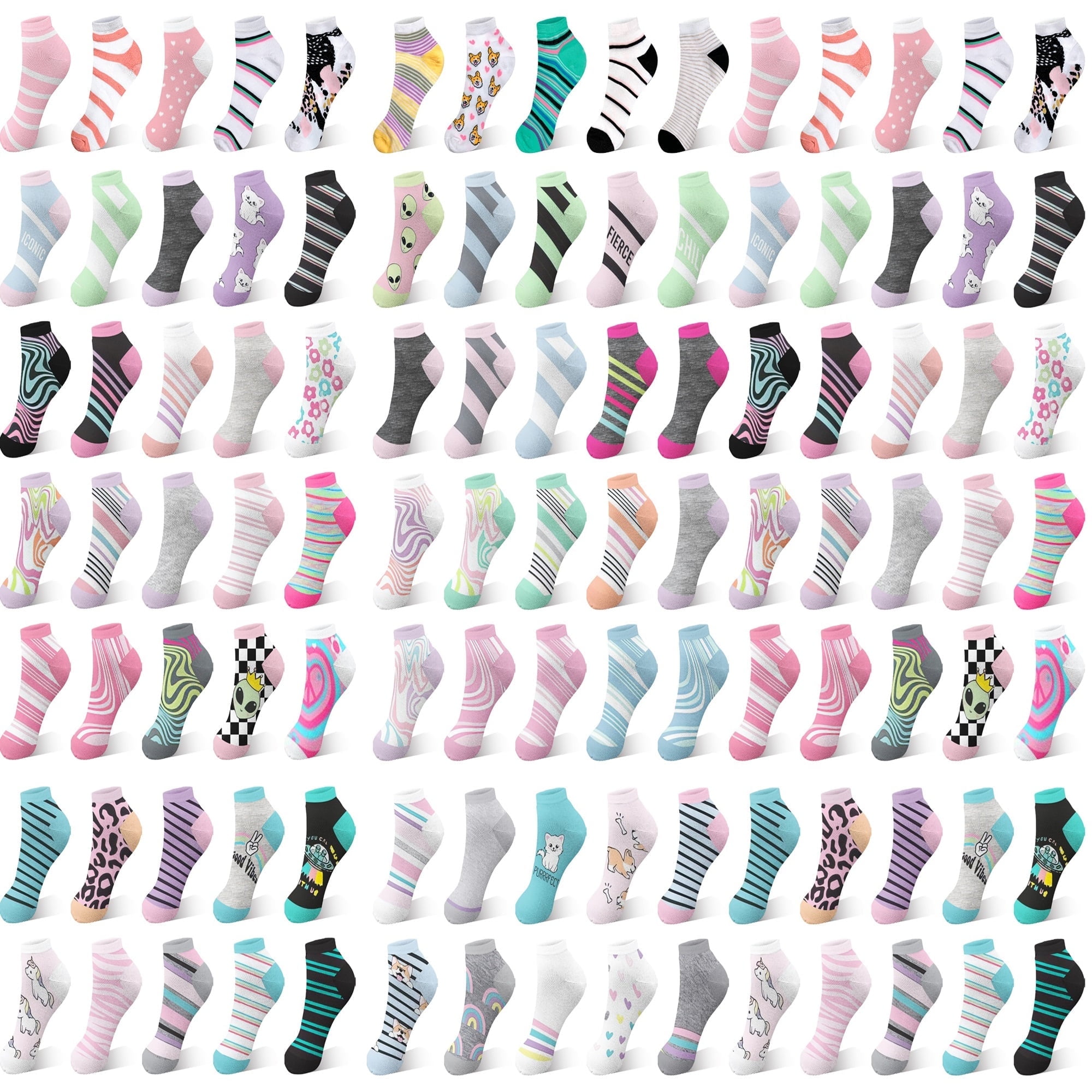 100-Pairs Of Socks Women's Breathable Fun Funky Colorful No Show Low ...
