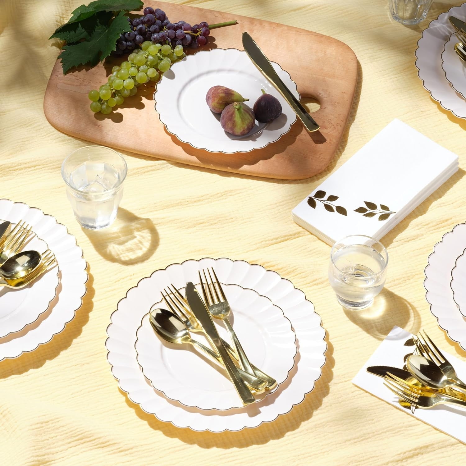 100 Pc Scalloped Ivory Gold Plastic Plates for Party | 50 Dinner & 50 ...
