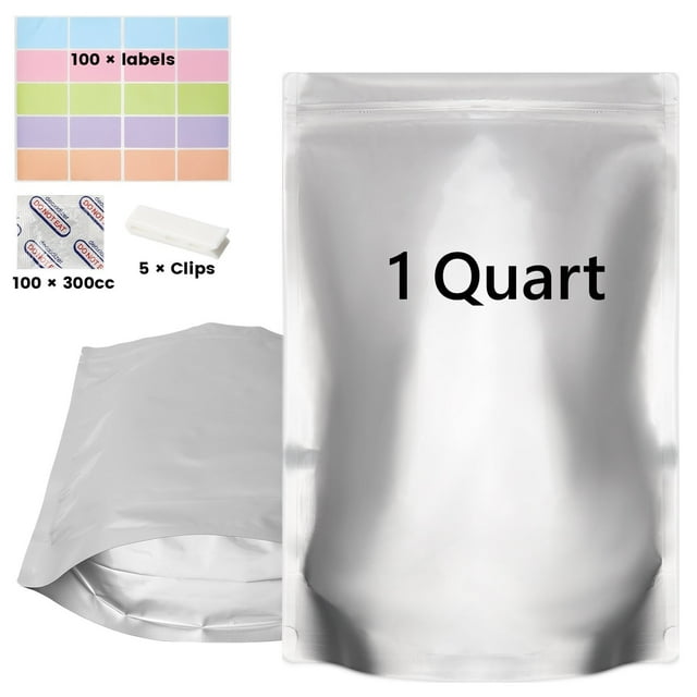 Wattne 1 Quart Mylar Food Storage Bags, 100 Pcs with 300cc Oxygen ...