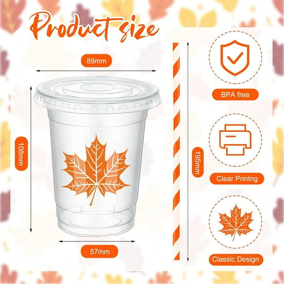 100 Pcs 12 oz Fall Plastic Cups with Lids and Paper Straws Thanksgiving ...