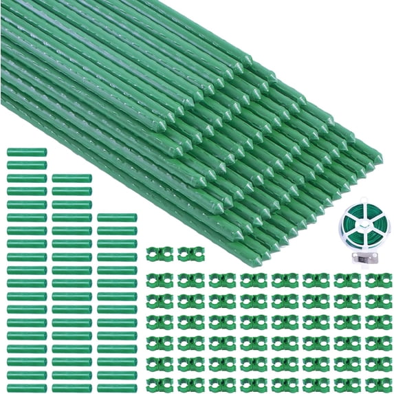 100 Pcs 16 Inch Plastic Coated Metal Tomato Stakes with 50 Connectors ...