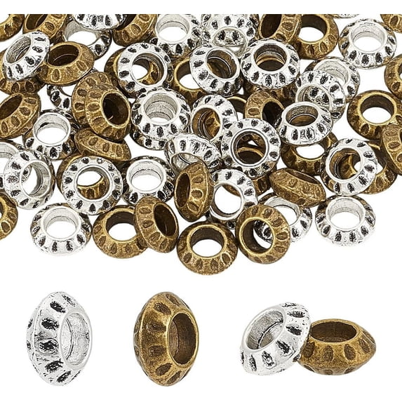 100 Pcs 2 Colors Tibetan Large Hole Spacer Beads 10mm Alloy Rondelle ...