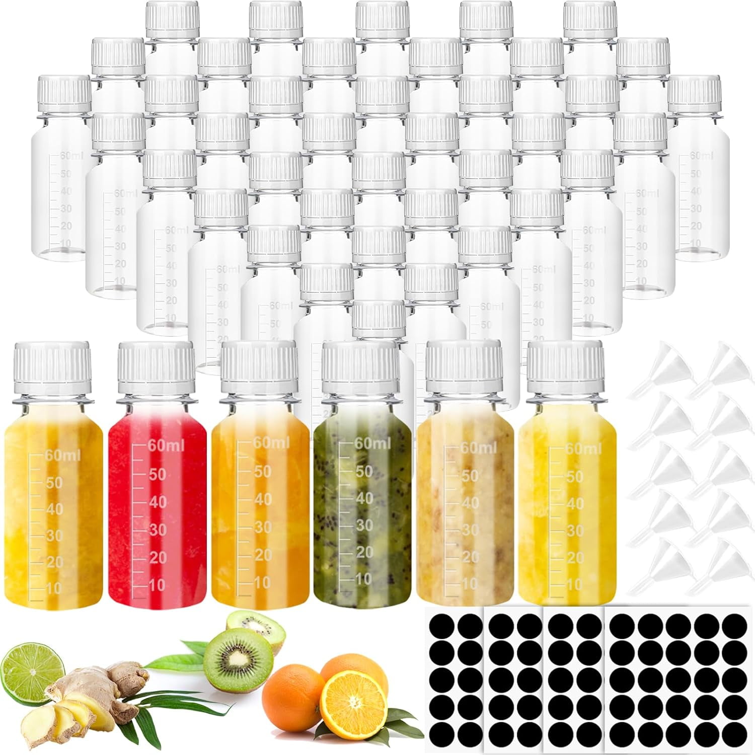 100 Pcs 2oz Plastic Shot Bottles with Caps, Mini Clear Ginger Shots ...