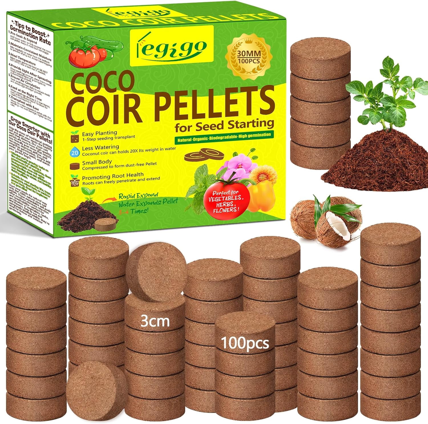 100 Pcs 30mm Coco Coir Pellets Seed Starter Soil Mix- Organic Coconut ...