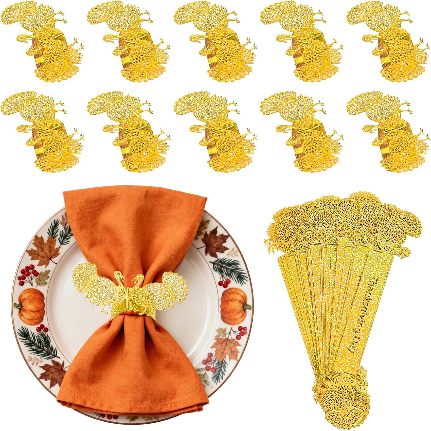 100 Pcs 3D Thanksgiving Turkey Napkin Rings, Silverware Wraps Bands ...