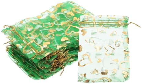 100 Pcs 4x6 Inch Heart Printed Organza Bags, Green Sheer Heart Organza ...