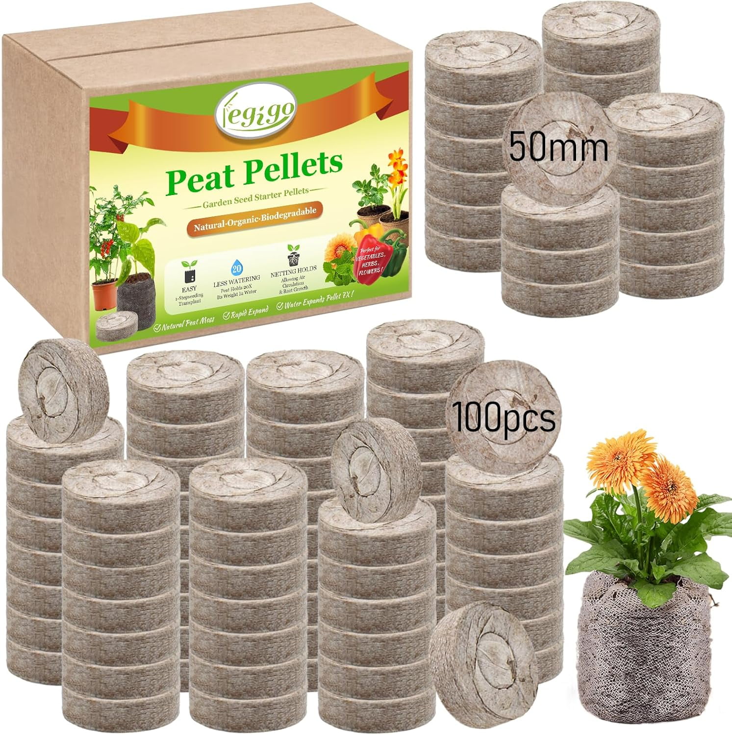 100 Pcs 50mm Seed Starter Peat Pellets Pods for Seedlings- Compressed ...