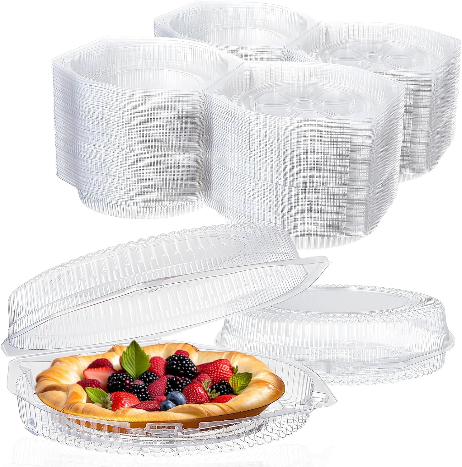 100 Pcs 9'' Plastic Disposable Pie Containers with Hinged Locking Lids ...