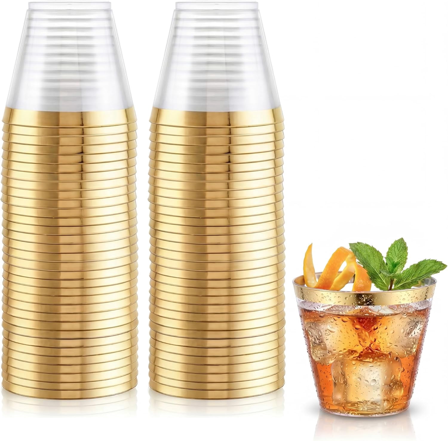100 Pcs 9 oz Clear Plastic Disposable Cups with Gold Rim - Heavy Duty ...
