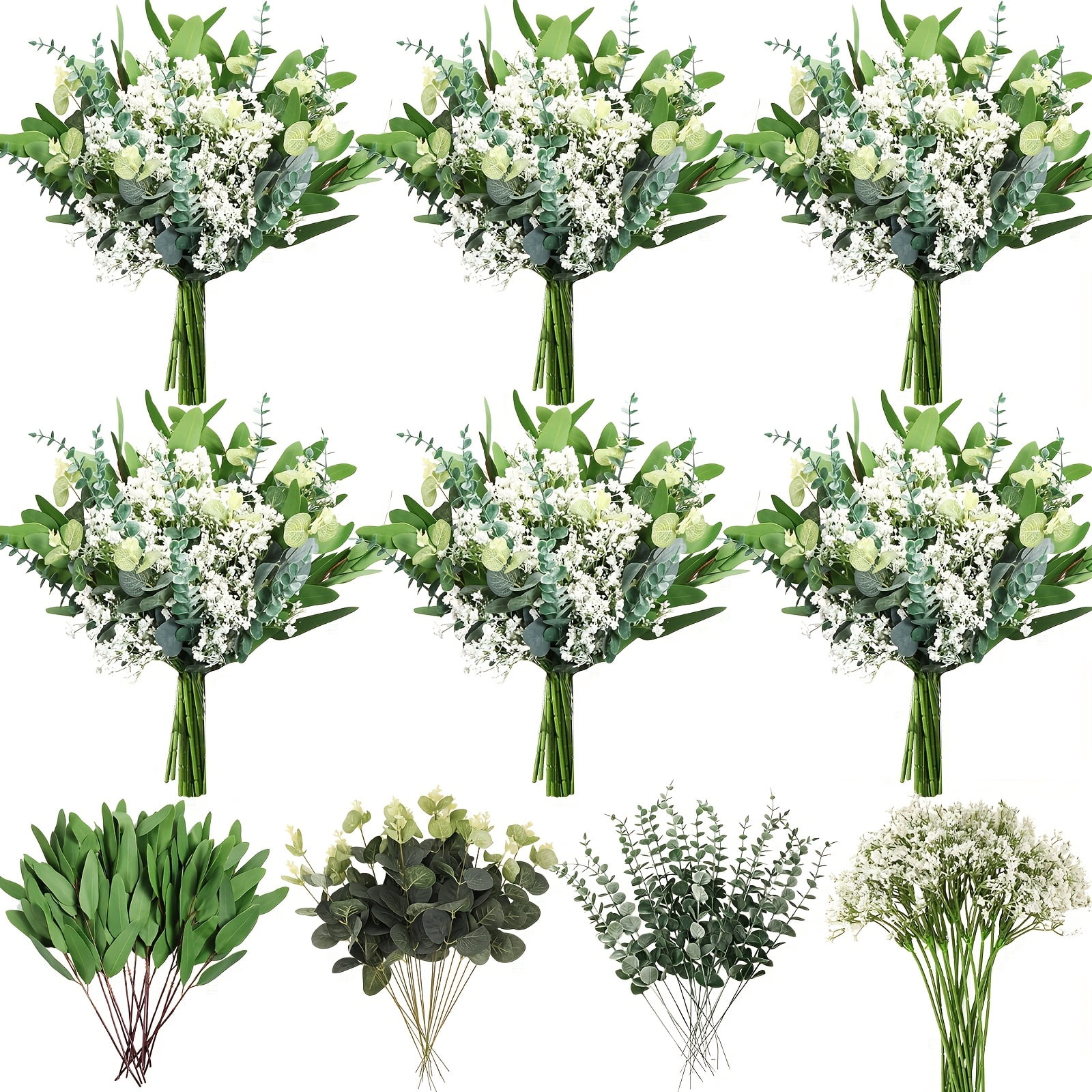 100 Pcs Artificial Gypsophila Flowers with Eucalyptus Stems, White Faux ...
