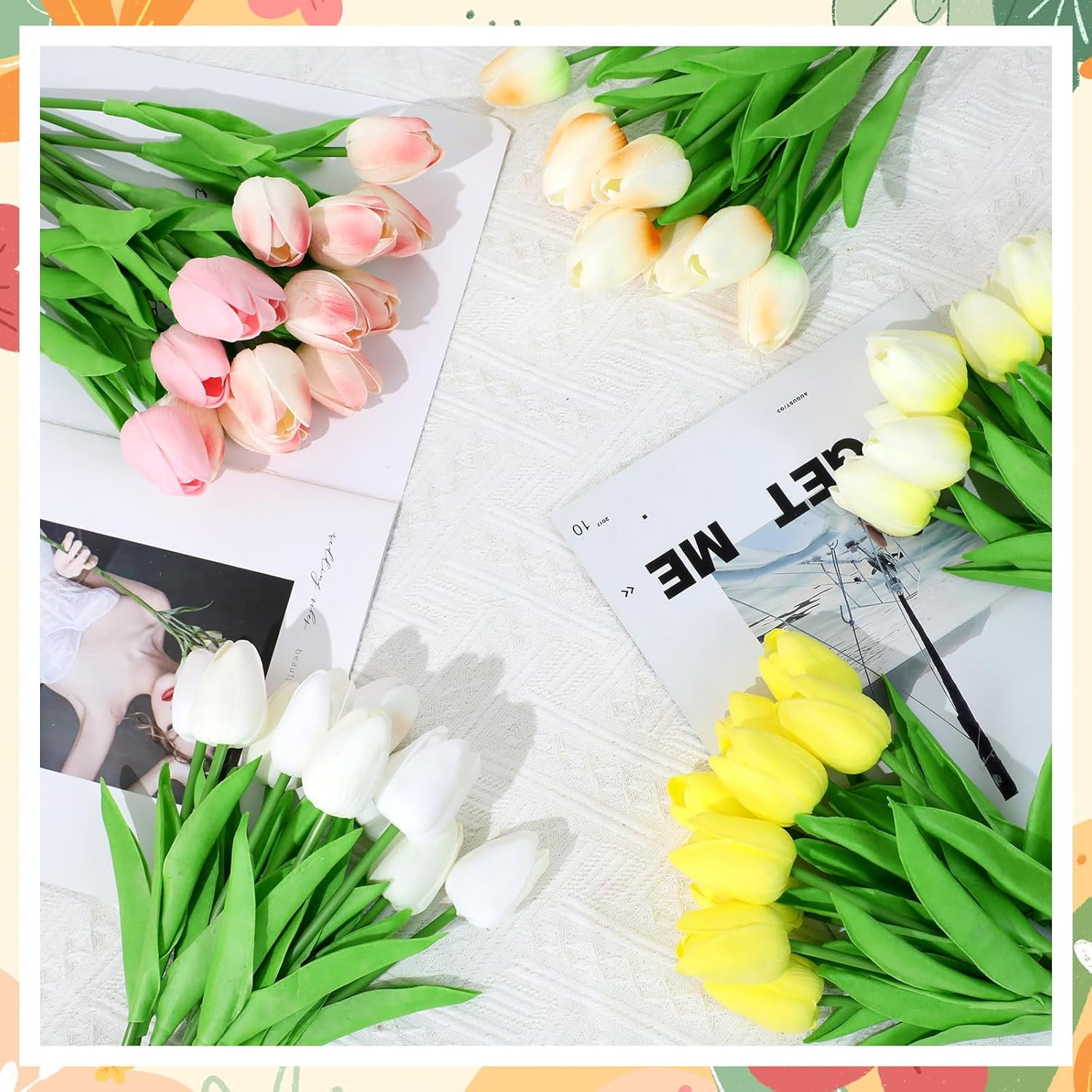 100 Pcs Artificial Real Tulips Fake Flower Bulk Bouquet with Stem for ...