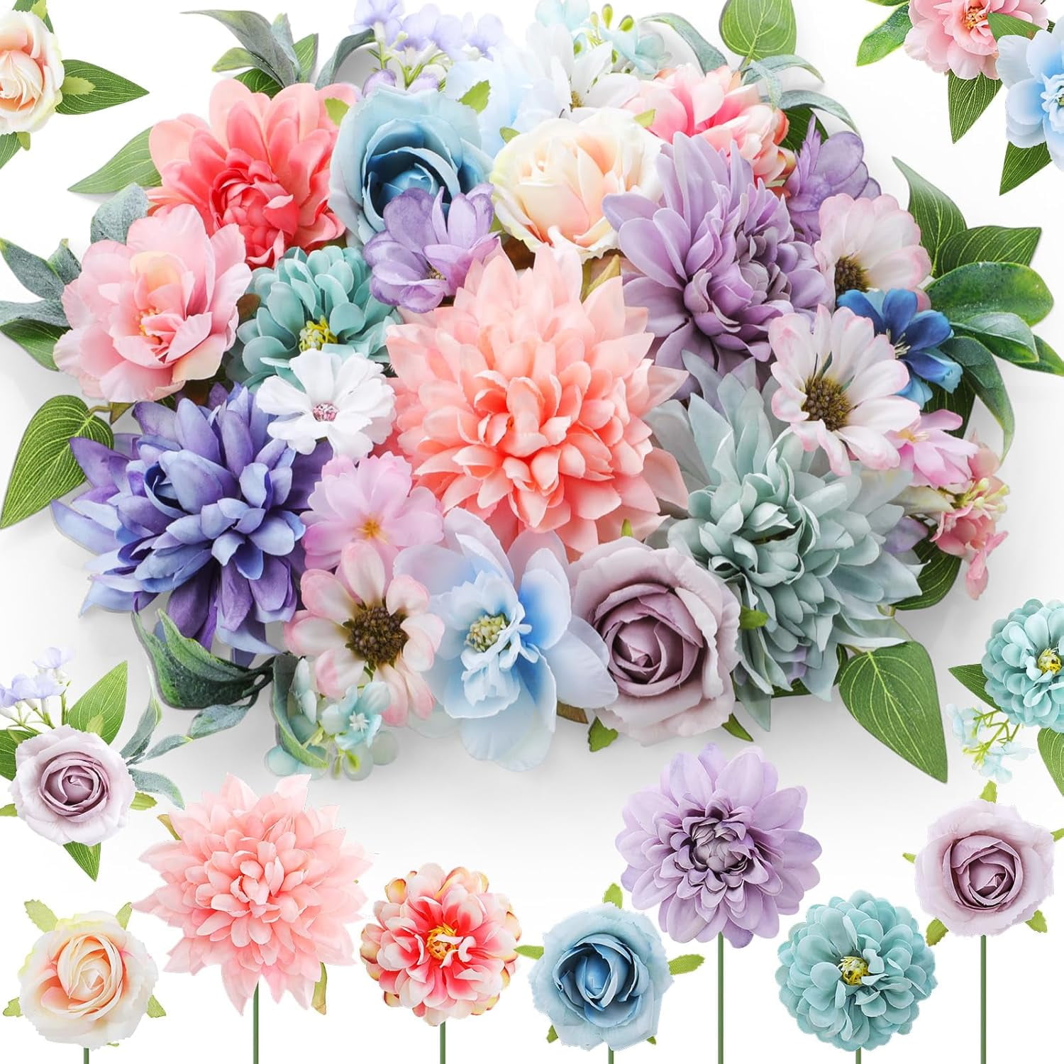 100 Pcs Assorted Fake Flower Heads with Long Stem Mini Artificial ...