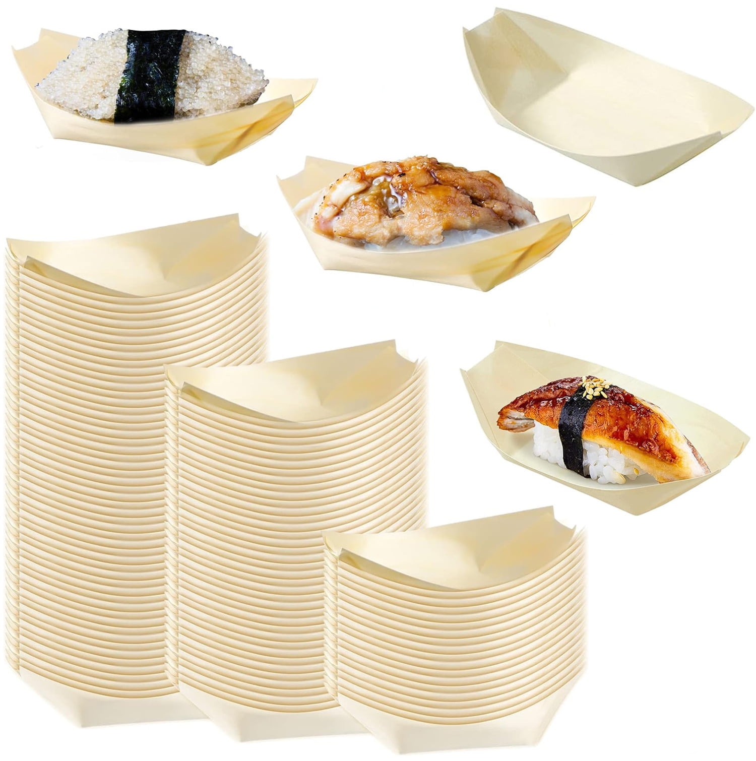 100 Pcs Bamboo Boat Plates,Happon 3.35" Disposable Wood Boat Dishes for ...