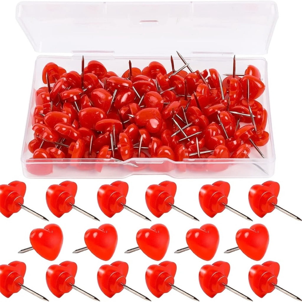 100 Pcs/Box Heart Push Pins Map Tacks Decorative Pushpins Poster Pins ...
