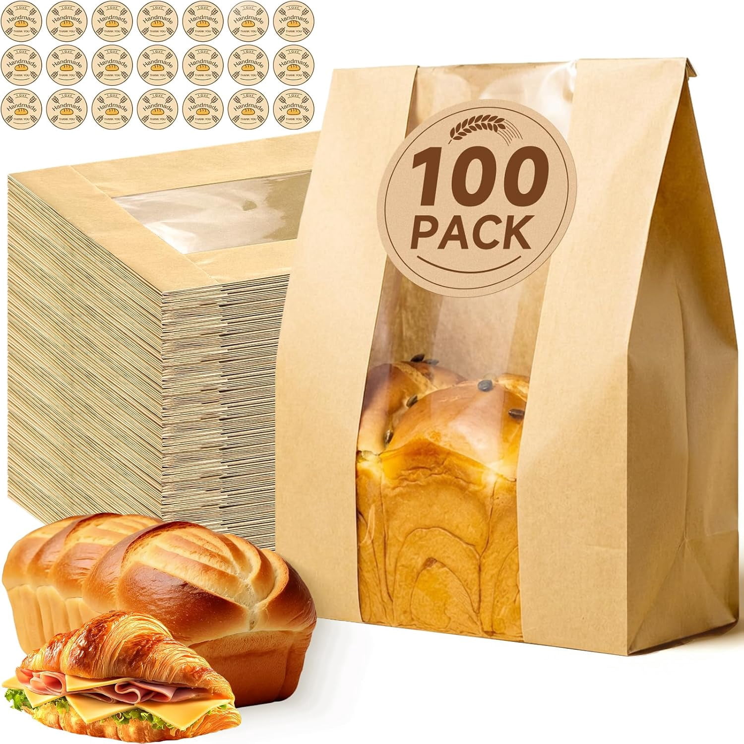 100 Pcs Bread Bags for Homemade Bread with Clear Window & 120 Stickers ...