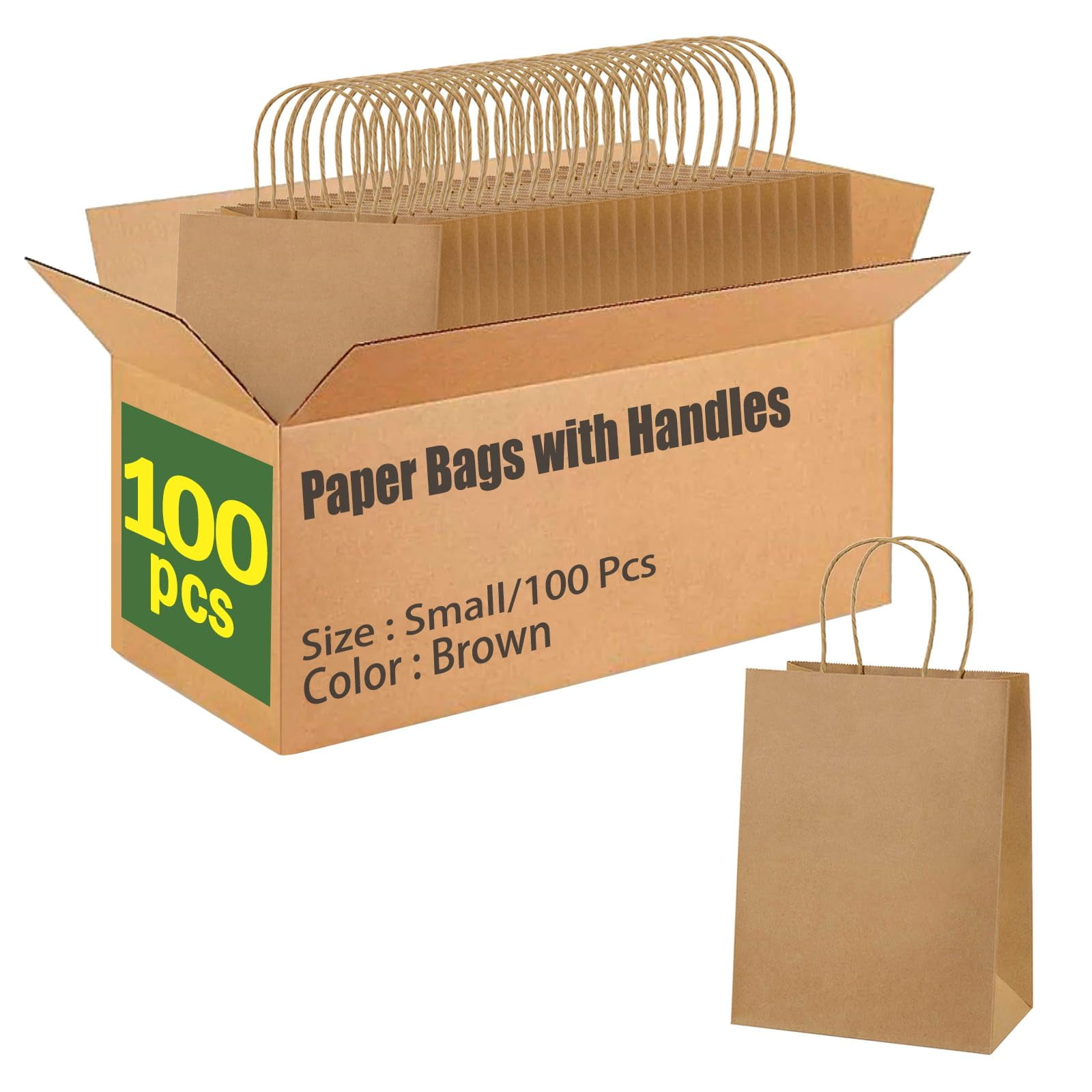 100 Pcs Brown Paper Bags with Handles,5x8x3 inch,Size Small,Paper Gift Bags,Kraft Paper Bags ...