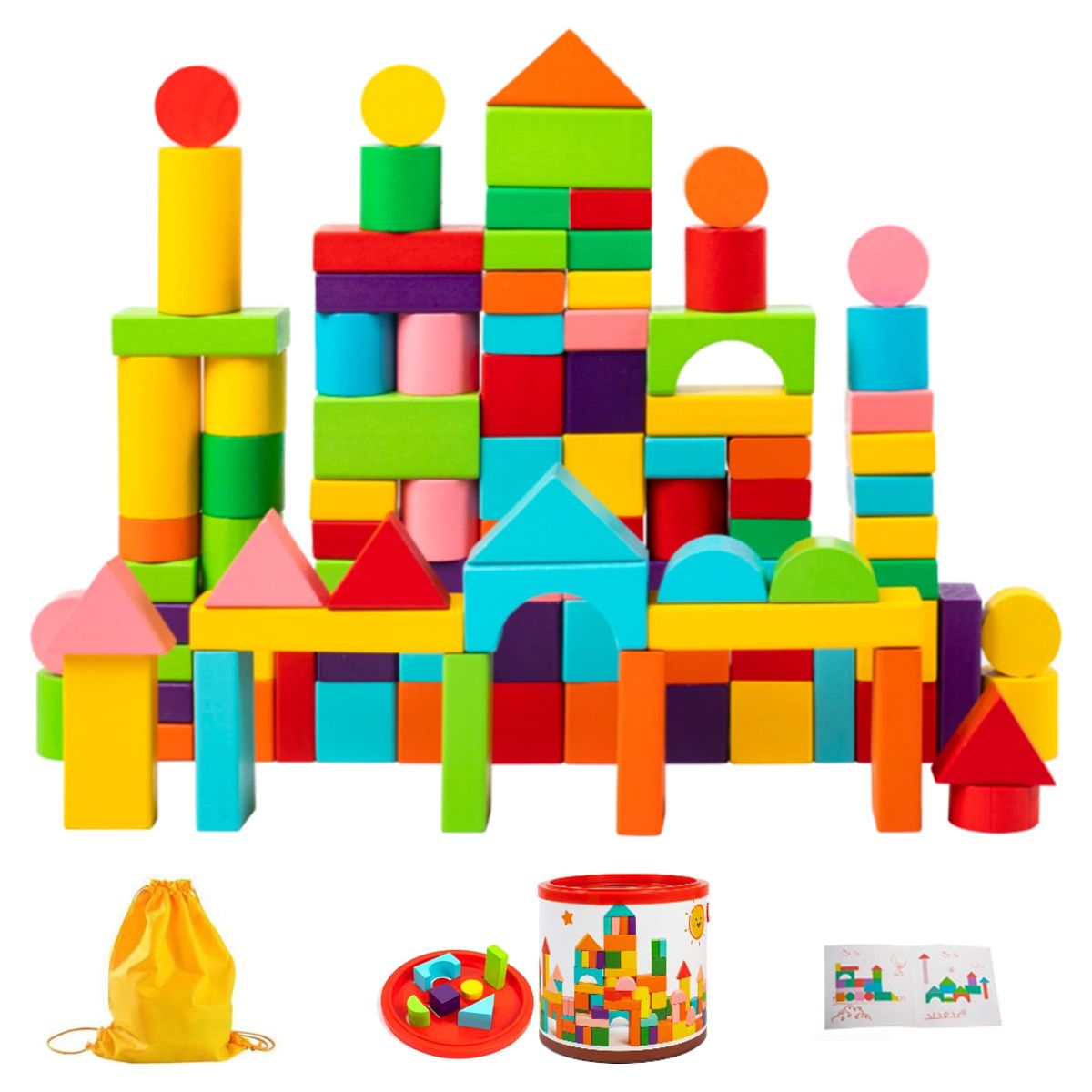Pidoko Kids Wooden Building Blocks Set - 100 Pcs - Natural Beech Wood ...