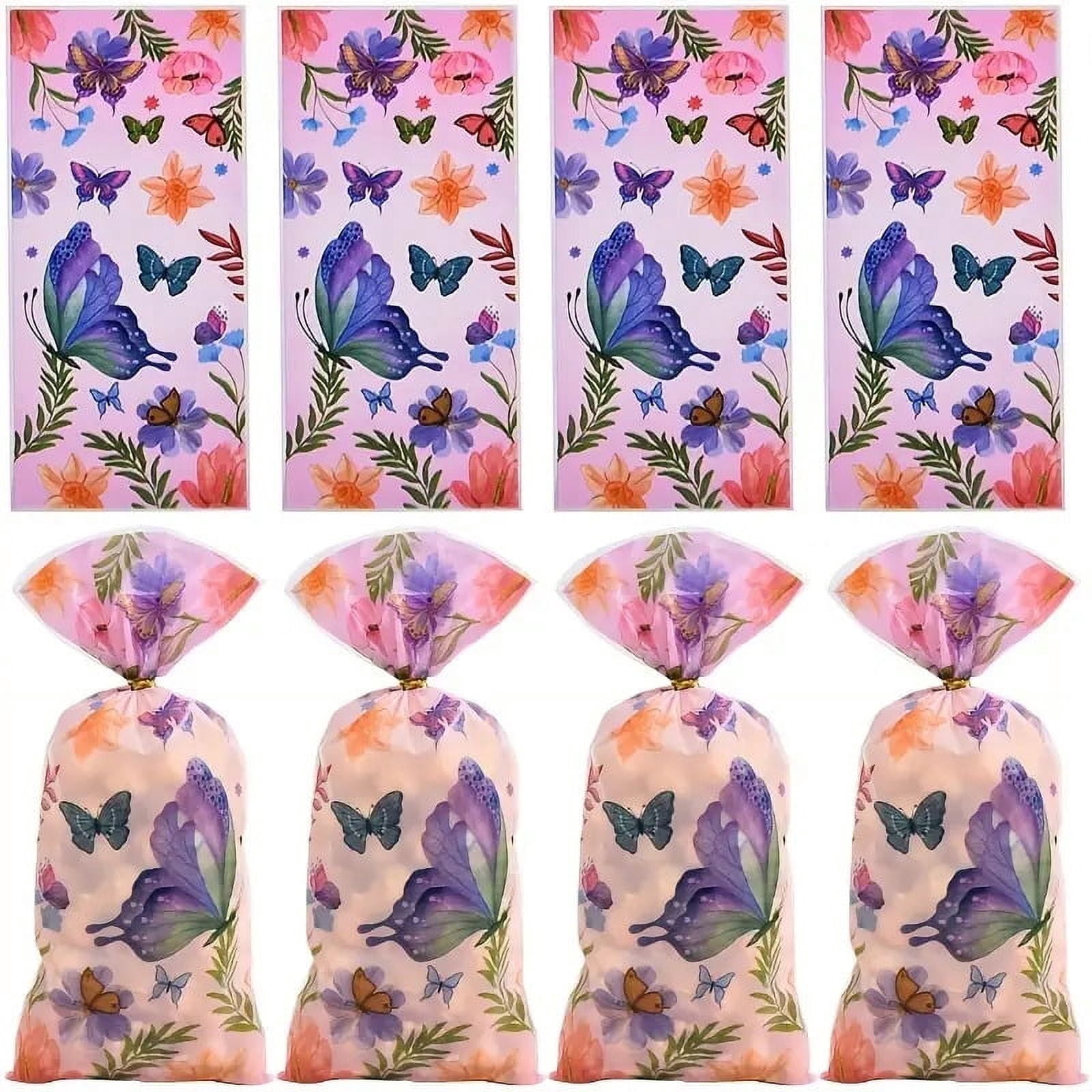 100 Pcs Butterflies Cellophane Treat Bags Watercolor Flowers Butterfly ...