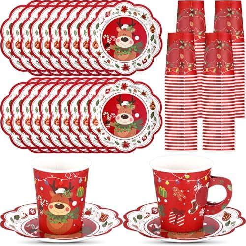 100 Pcs Christmas Disposable Paper Cups and Saucers Include 50 Pcs 9 oz ...