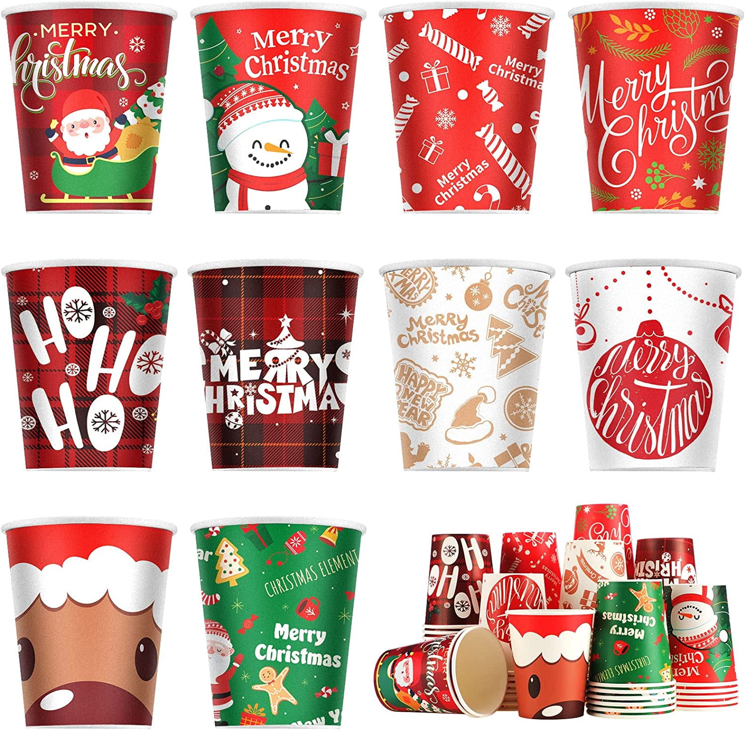 100 Pcs Christmas Paper Cups Disposable Coffee Tea Cups 9 oz Merry ...
