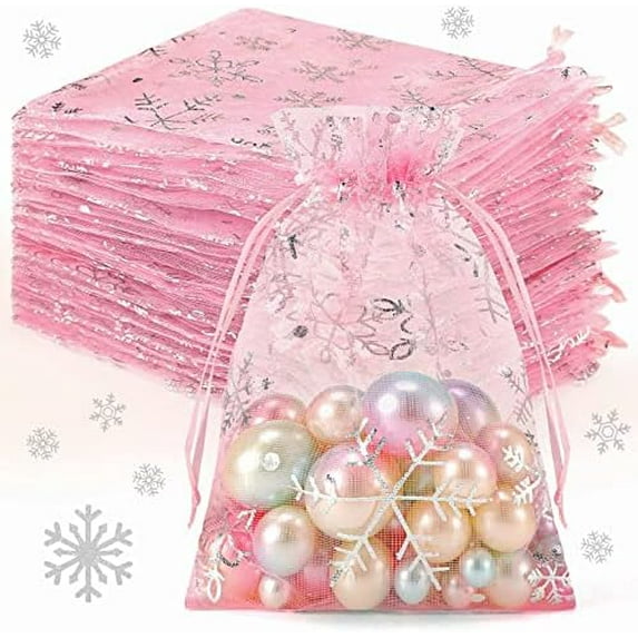 100 Pcs Christmas Snowflake Organza Gift Bags 4 x 6 Inch Small Mesh Jewelry Pouches Mini ...
