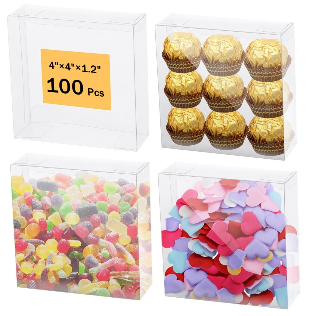 100 Pcs Clear Favor Boxes, Plastic Transparent Gift Boxes, 4×4×1.2in ...