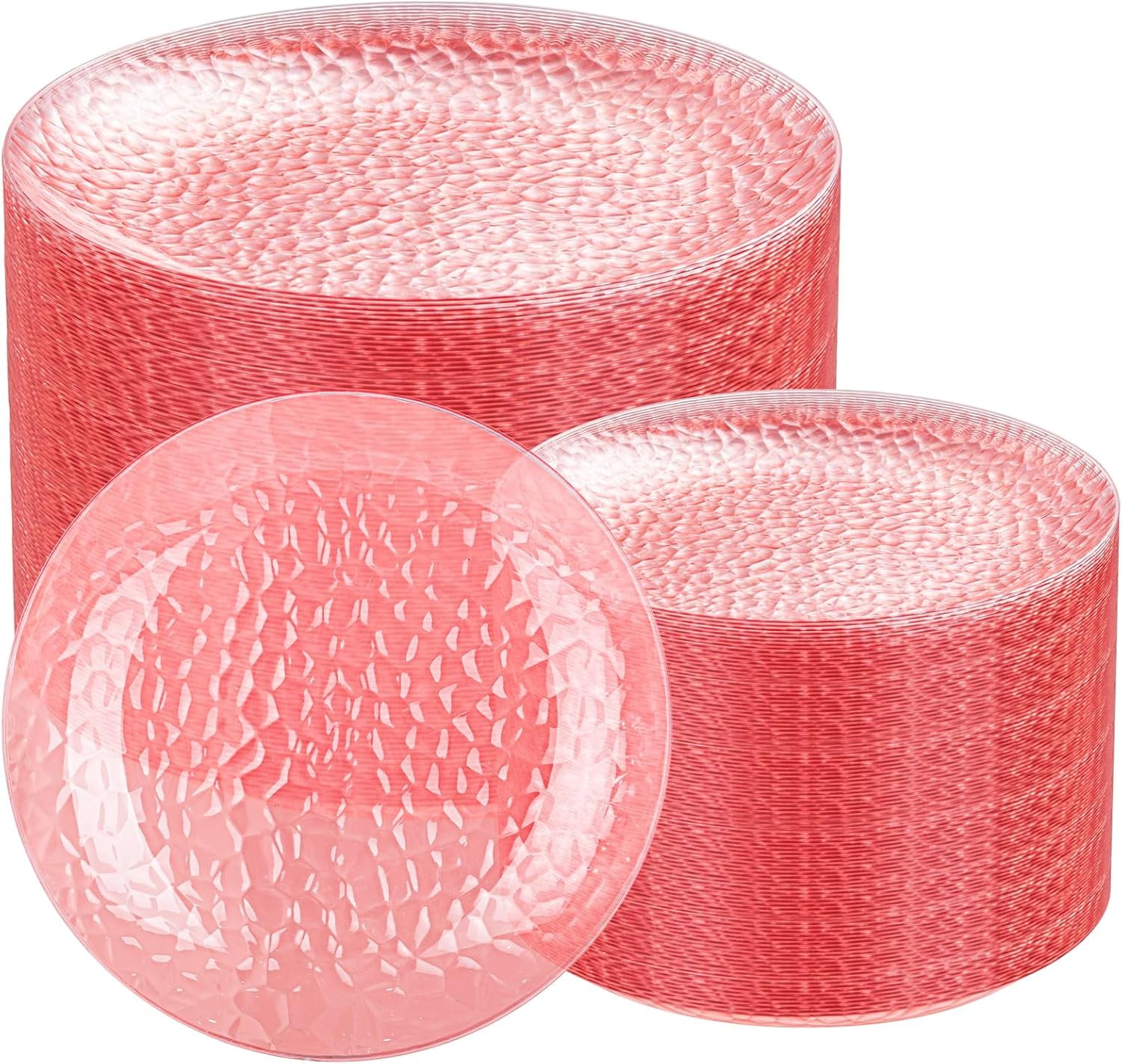 100 Pcs Clear Pink Plastic Plates Dinnerware Set, Hammered Plastic Pink ...