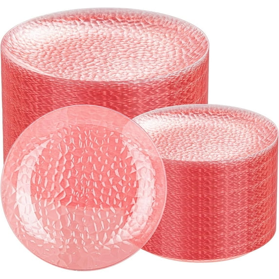 100 Pcs Clear Pink Plastic Plates Dinnerware Set, Hammered Plastic Pink ...