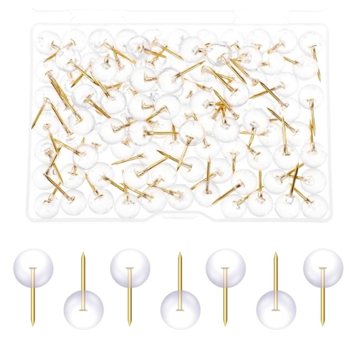 100 Pcs Clear Round Push Pins,Bulk Golden Steel Map Tacks,Ball Push ...