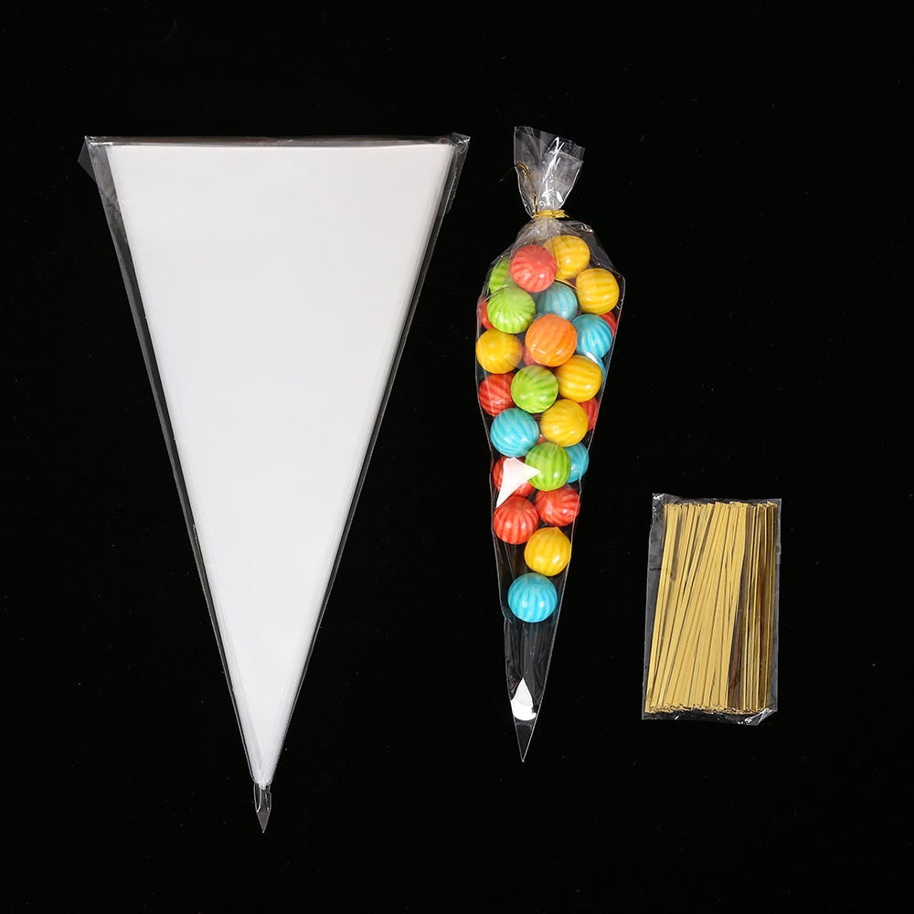 100 Pcs Cone Shaped Treat Bags Clear Cone Shaped Cellophane Treat Bags ...