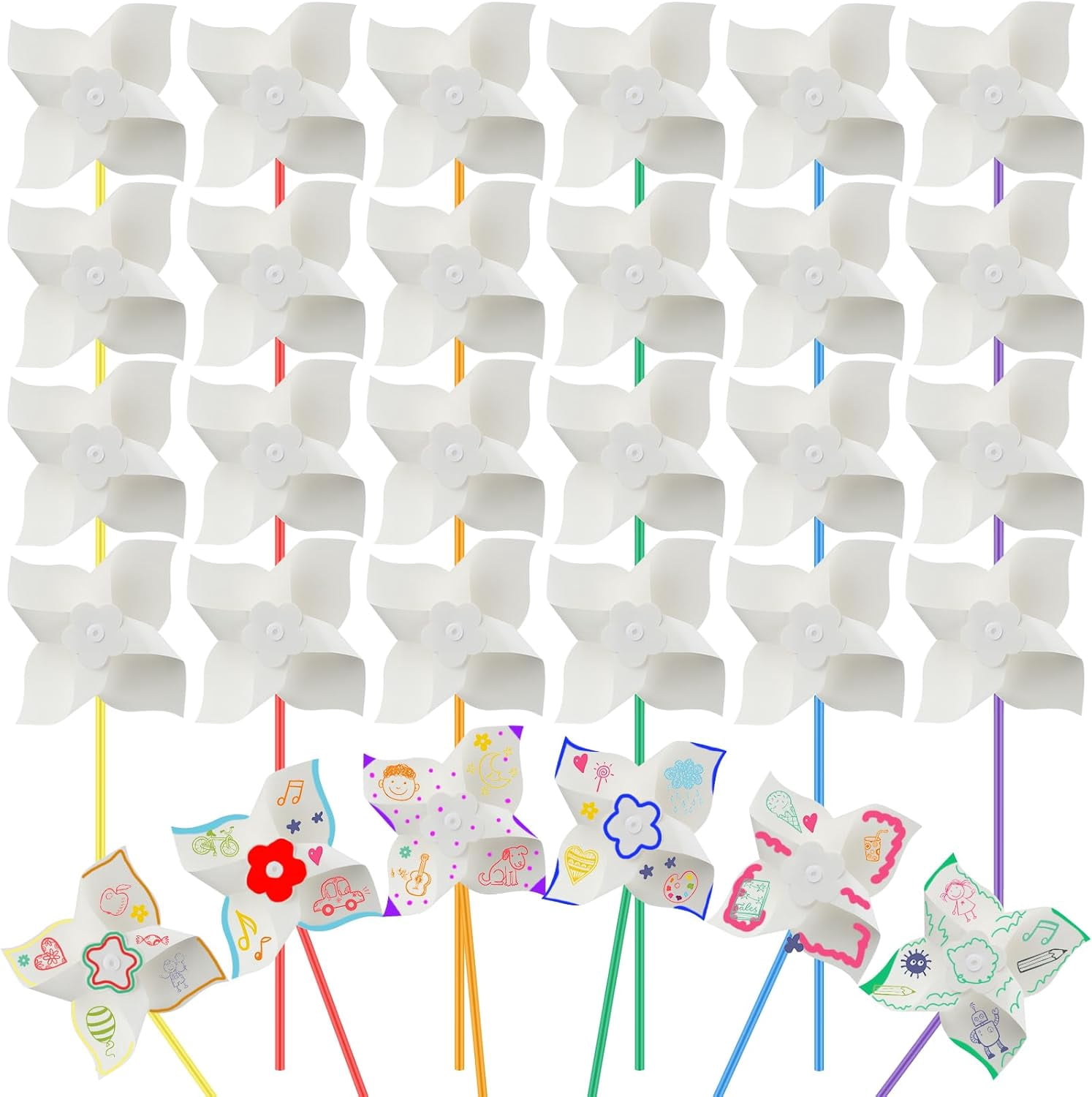 100 Pcs DIY Pinwheels for Kids Bulk, Color Your Own White Pinwheels ...