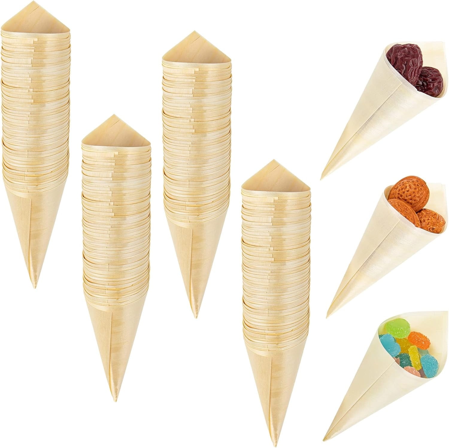 100 Pcs Disposable Pine Wood Cones,Bexikou Wooden Food Cone Holders ...