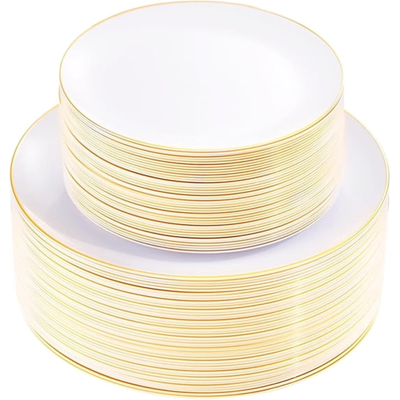 100 Pcs Disposable Plastic Plates White with Gold Rim 10.25 Inch Dinner ...