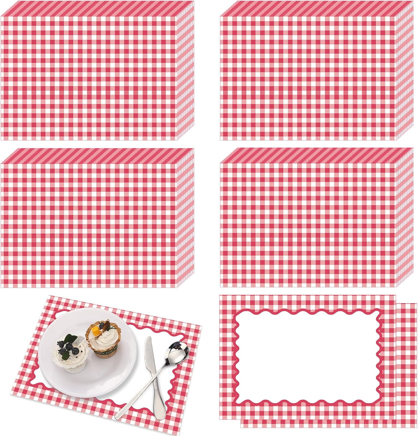 100 Pcs Disposable Red Gingham Paper Placemats Summer Checkered Picnic ...