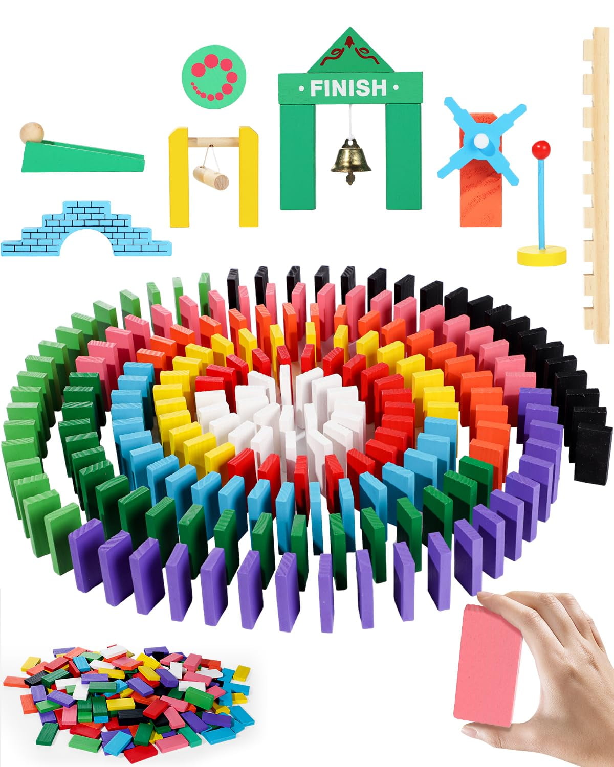 100 Pcs Dominoes Set for Kids, Colorful Wooden Building Blocks Dominos ...