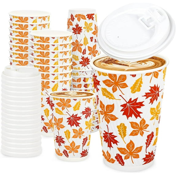 100 Pcs Fall Disposable Coffee Cups with Lids Orange Red Yellow Maple ...