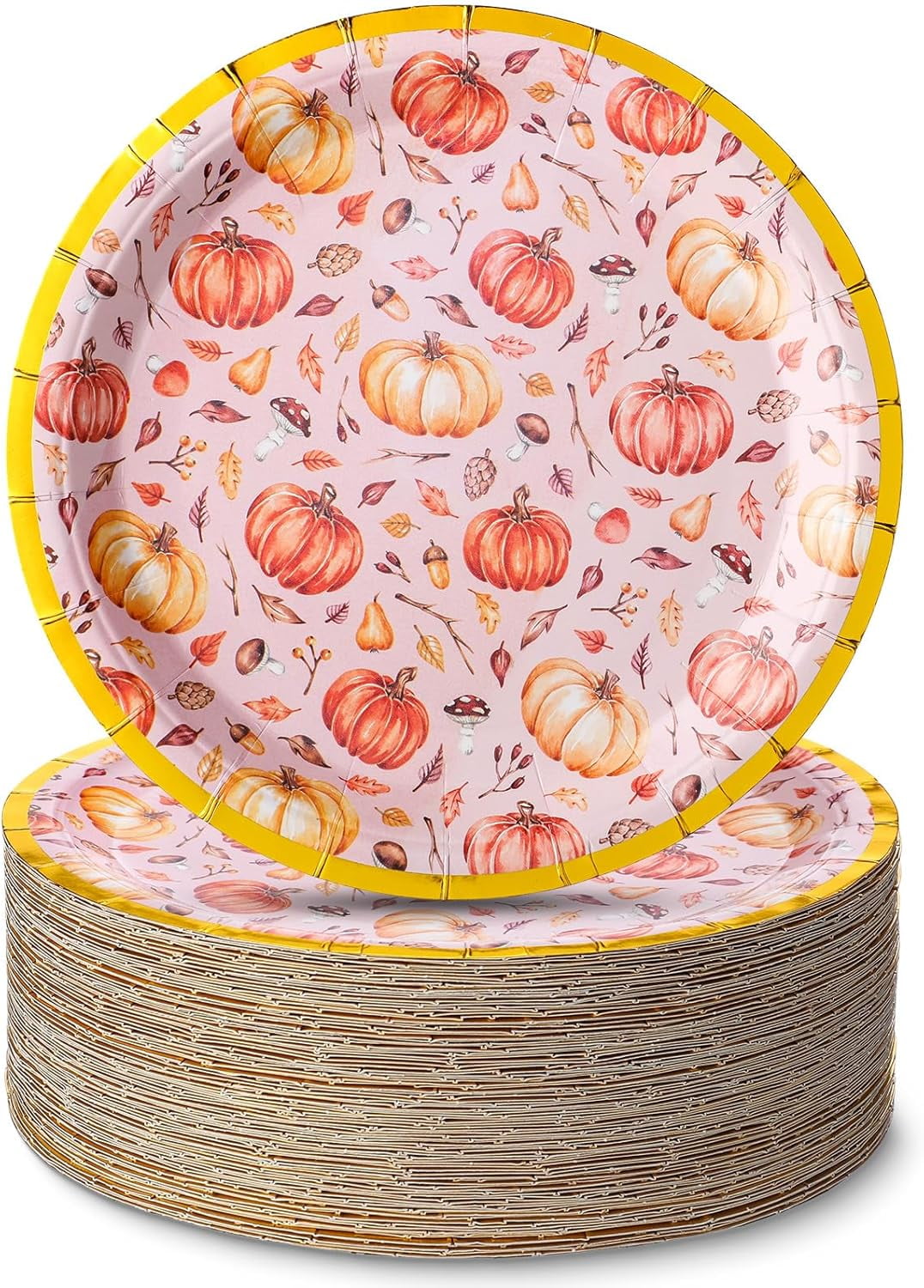 100 Pcs Fall Pink Pumpkin Paper Plates 7 Inch Autumn Plates Gold Foil ...