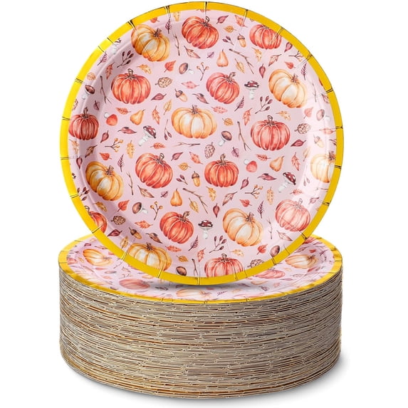 100 Pcs Fall Pink Pumpkin Paper Plates 7 Inch Autumn Plates Gold Foil ...