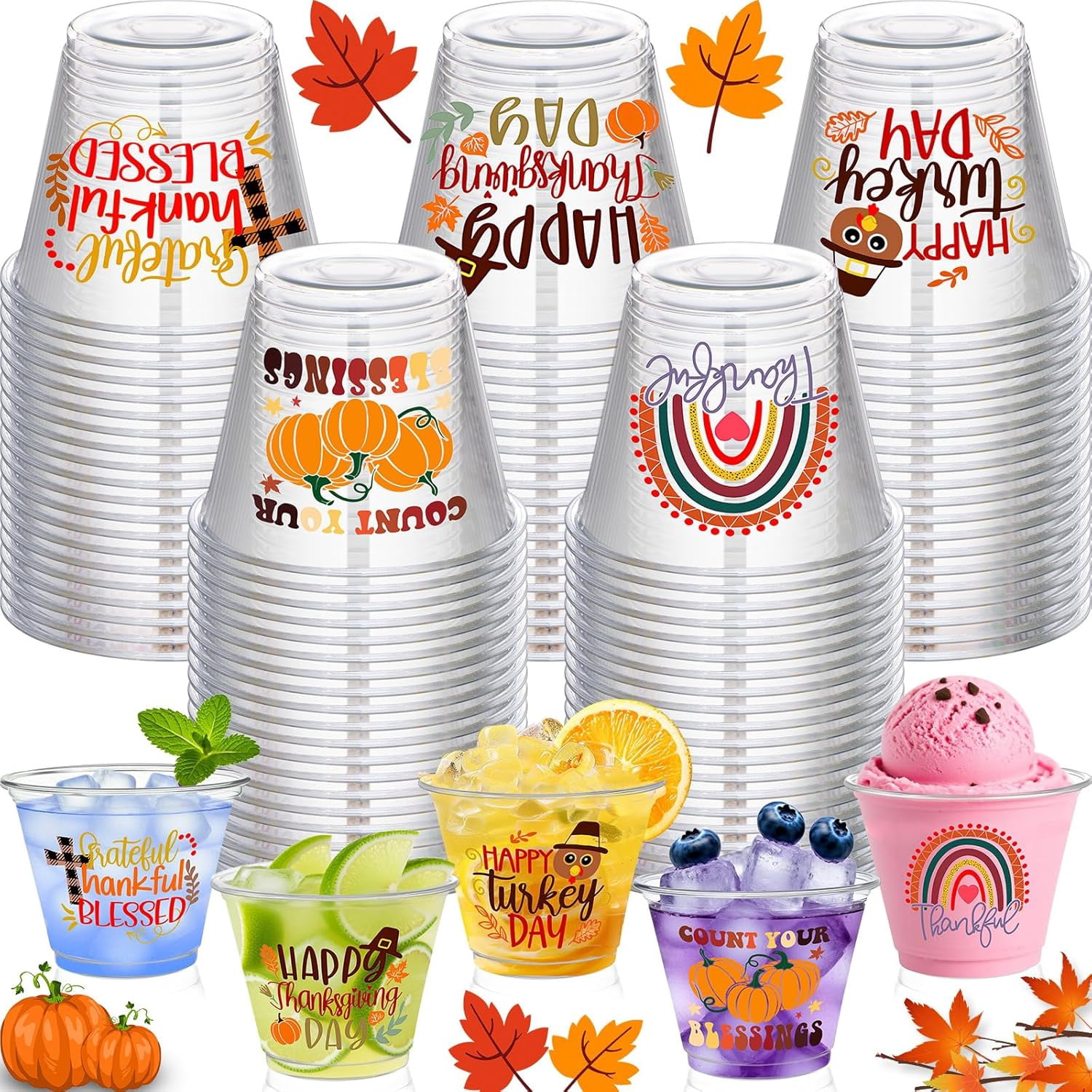 100 Pcs Fall Thanksgiving Disposable Cups 9oz Clear Plastic Cups Bulk ...